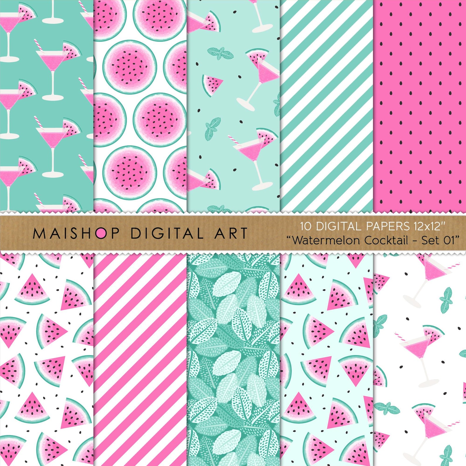 Watermelon Digital Paper • Hot Pink and Mint Green Watermelon Patterns ...