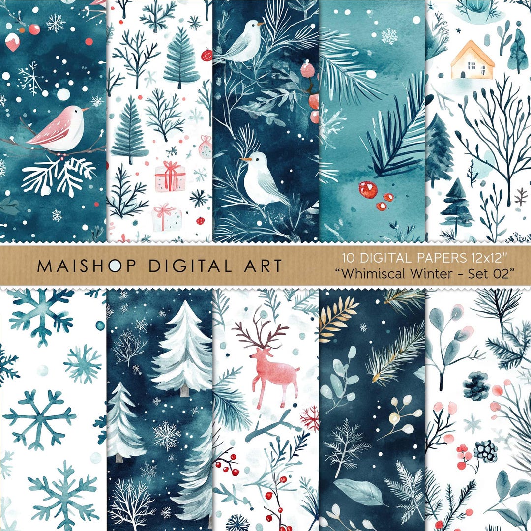 Whimsical Winter Seamless Digital Paper • Printable Snowflake & Holiday ...