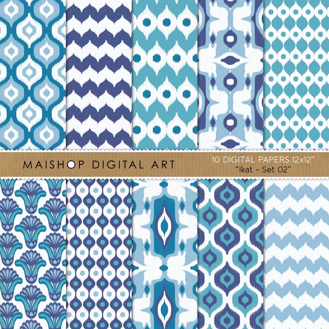 Blue Ikat Digital Paper Pack, Instant Download Ikat Patterns, Printable ...