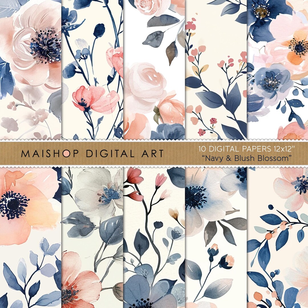 Navy & Blush Blossom Floral Digital Paper 12x12 Scrapbook Paper Pack ...