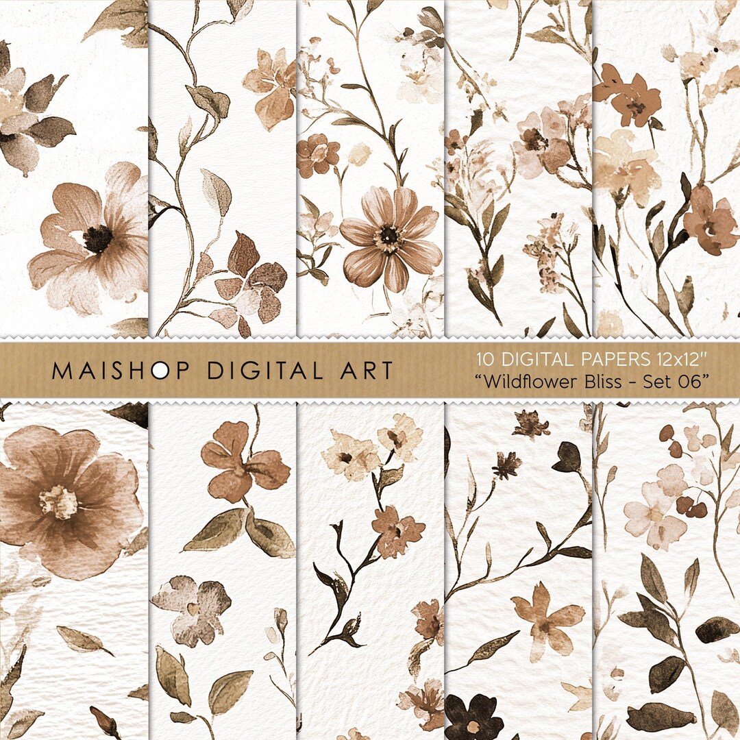 Spring Digital Paper Bundle • Seamless Sepia Floral Patterns ...
