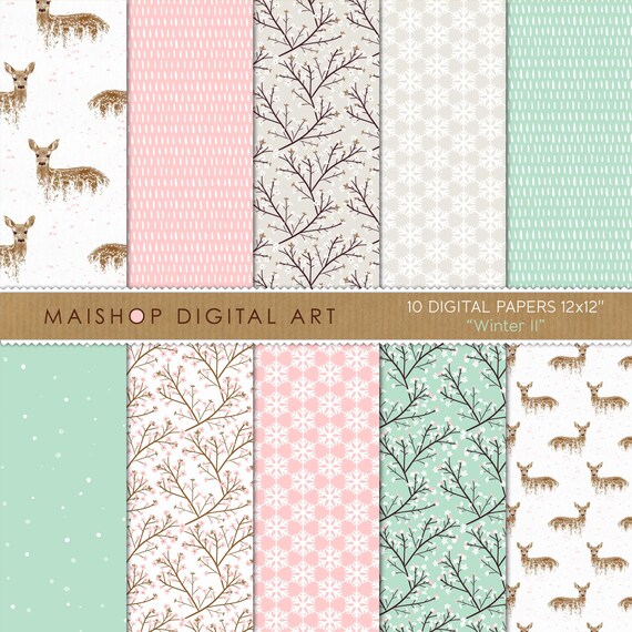 Mint & Pink Digital Paper winter Ii Deers - Etsy