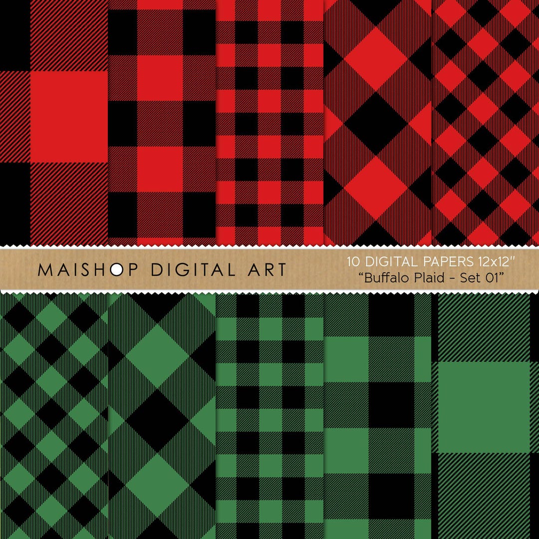 10 Papers Buffalo Plaid Digital Set, Red Black Green Checkered Tartan ...