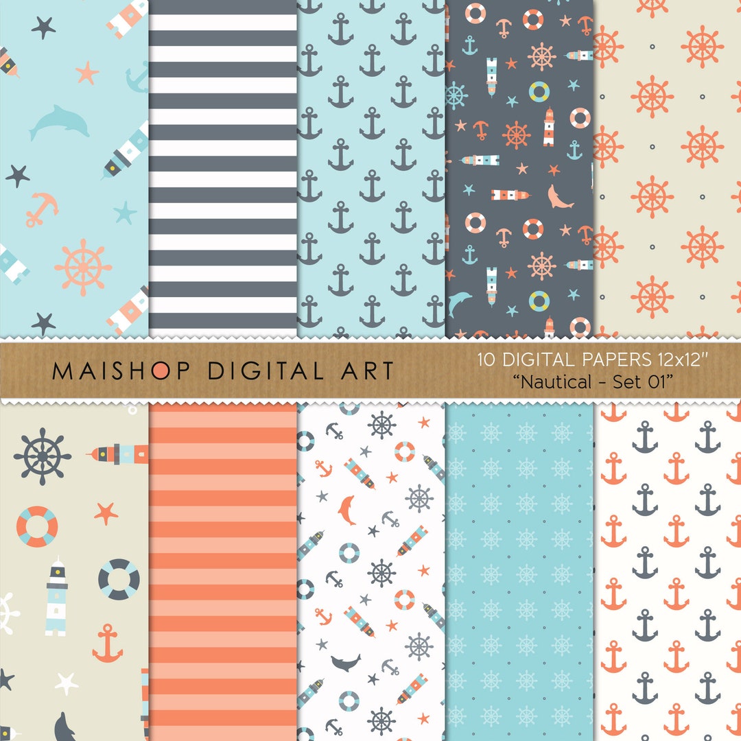 Nautical Digital Paper Pack, Printable Scrapbook Paper, Pastel Colors ...