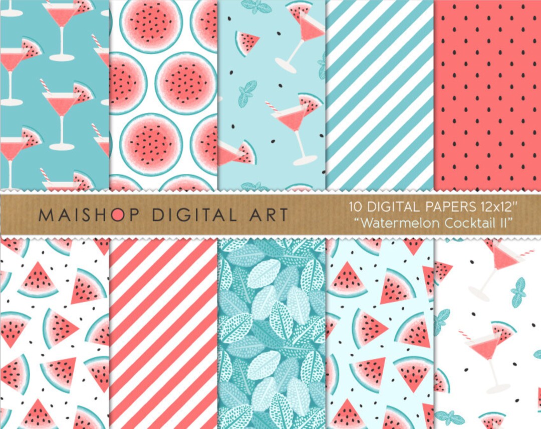 Red and Blue Digital Paper 'watermelon Cocktail II' Scrapbook Papers ...