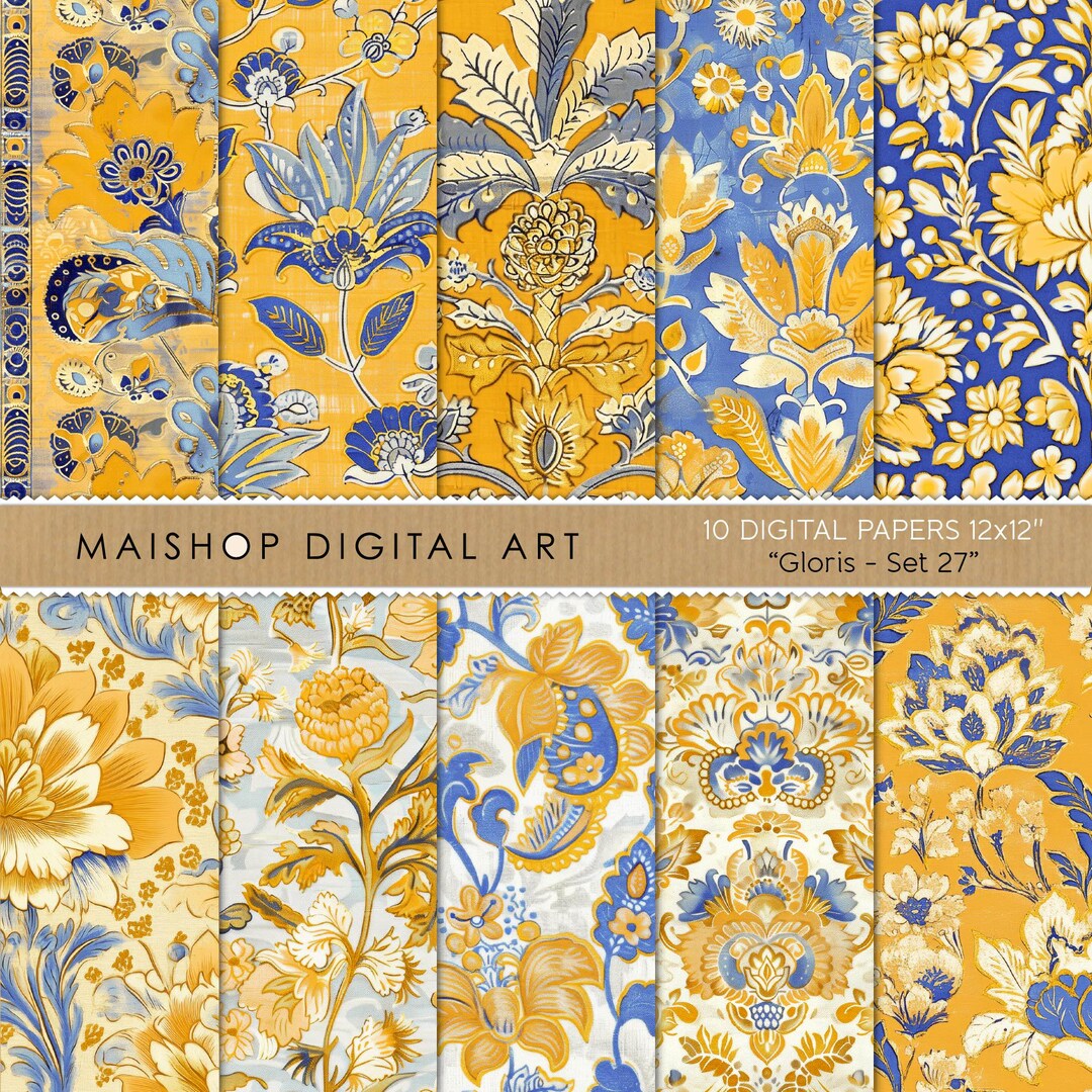Mustard & Blue Floral Paper • Seamless Bohemian Patterns • Digital ...