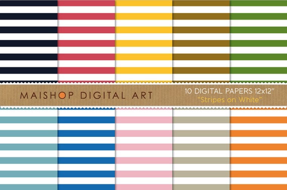 Digital Paper 'Stripes on White' Black, Red, Yellow, Brown, Green, Blue ...