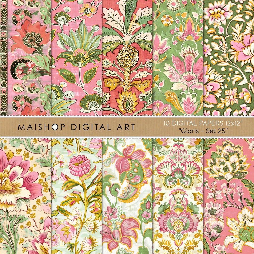 Pink & Green Floral Paper • Seamless Bohemian Patterns • Digital ...