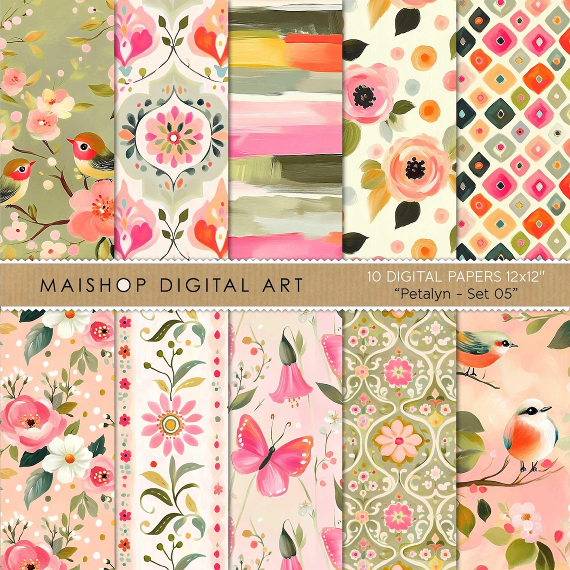 Colorful Floral Digital Papers • Bird Patterns for Crafts • Seamless ...