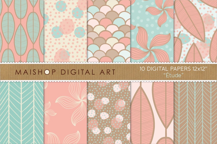 Digital Paper 'Étude' Blue Turquoise, Brown, Pink Flowers, Leaves ...