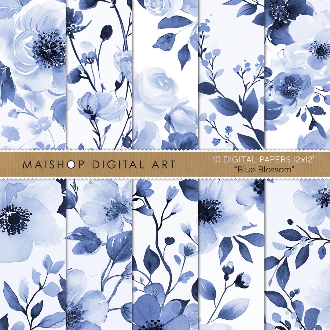 Blue Blossom Floral Digital Paper • Scrapbook Paper Pack • Blue Flowers ...