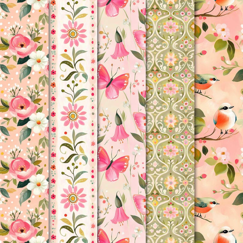 Colorful Floral Digital Papers • Bird Patterns for Crafts • Seamless ...
