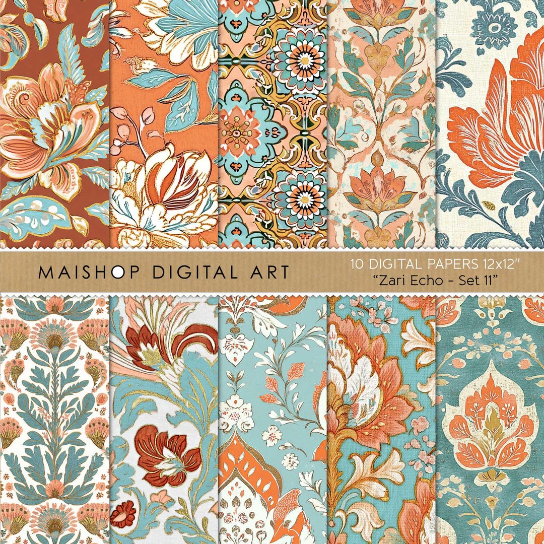 Seamless Floral Boho Digital Papers • Orange & Blue Bohemian Chic ...