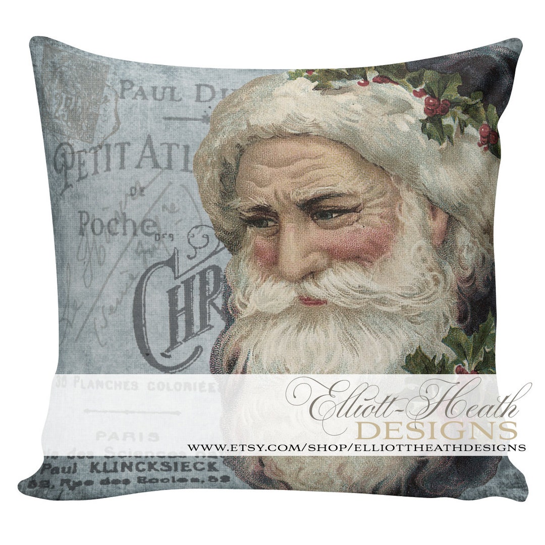 Vintage French Santa Christmas on Antique Document in Blues Burlap ...