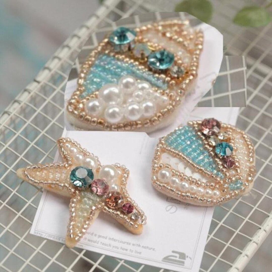 3 Pcs Blue Pearl Crystal Applique, Sea Star, Starfish Shell Applique, Embroidery Beaded ...
