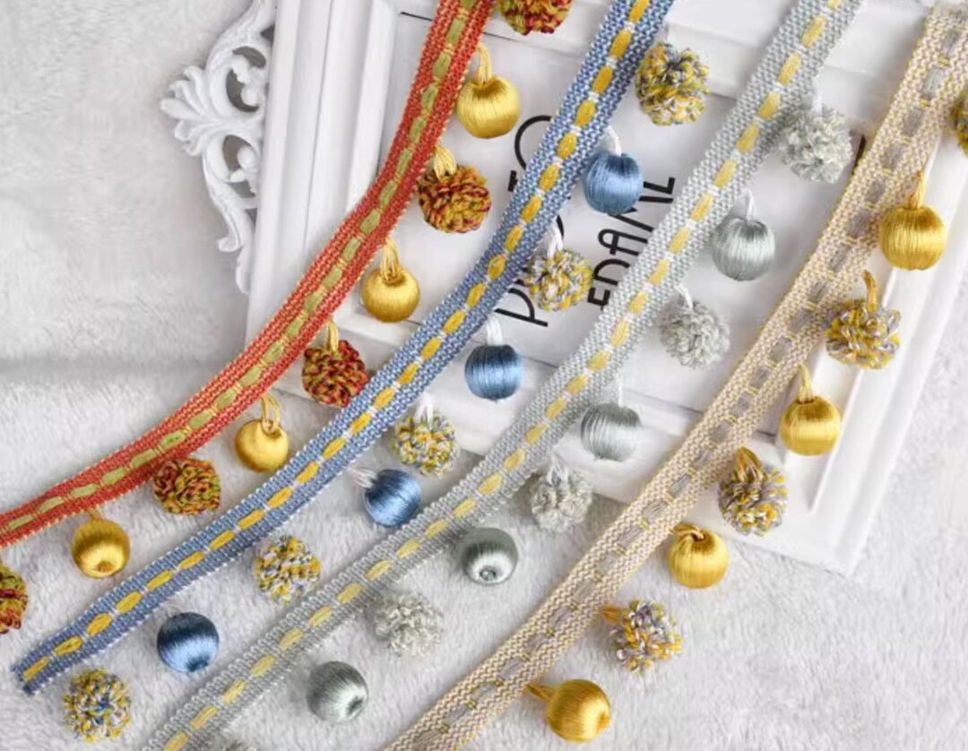 1 Meter Satin Wrap Wooden Balls Pom Pom Trim, Trim for Curtain, Kids ...