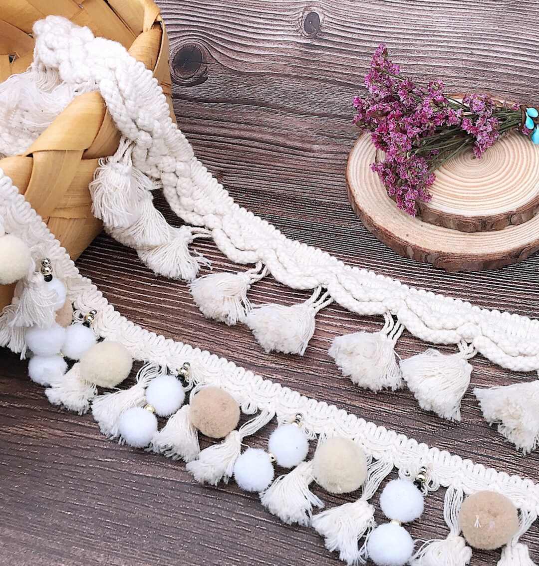 1 Yard Cream Ivory Flat Ball Trim, Pom Pom Tassel Trim, Cotton Trim ...