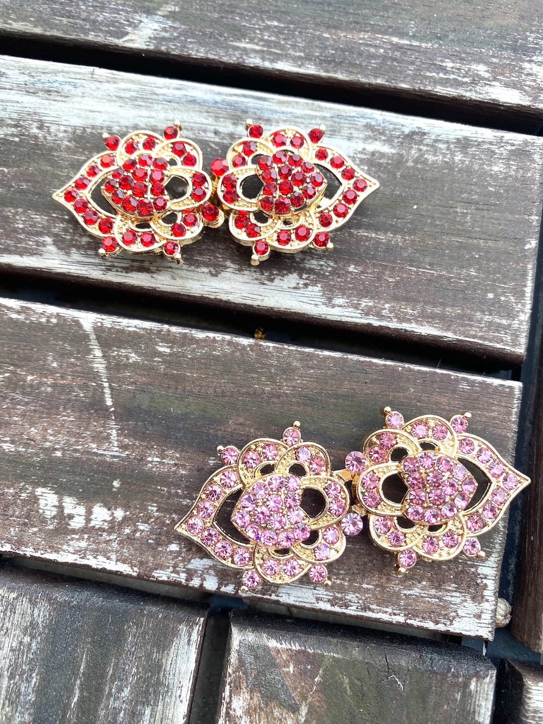Gold Leaf Clasp, Vintage Clasp, Red Rhinestone Crystal Clasp, Pink ...