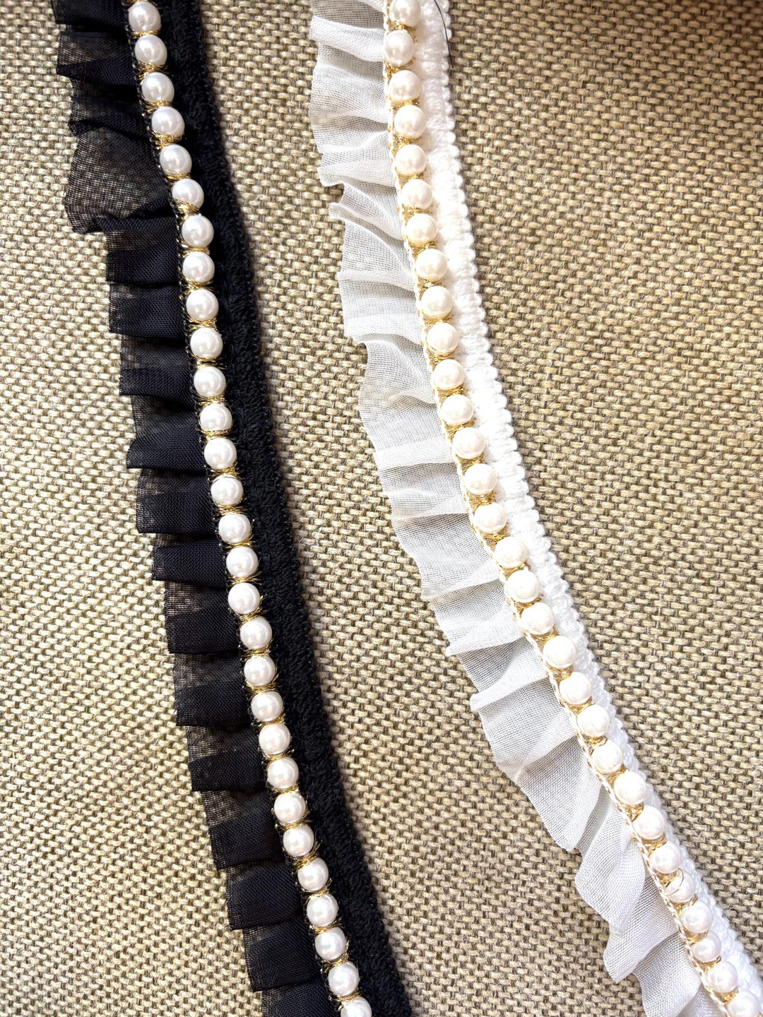 2 Yards - Pearl Trim, Pearl Trim With Black Fringe, Trimmings, White ...