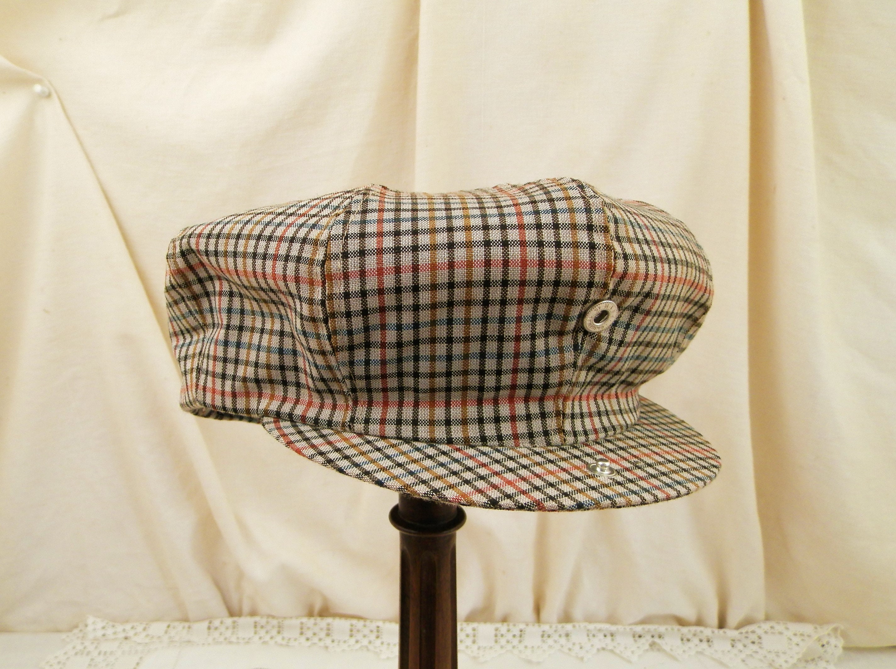 Vintage French Unused Brown Chequered Fabric Cloth Button Topped Flat ...