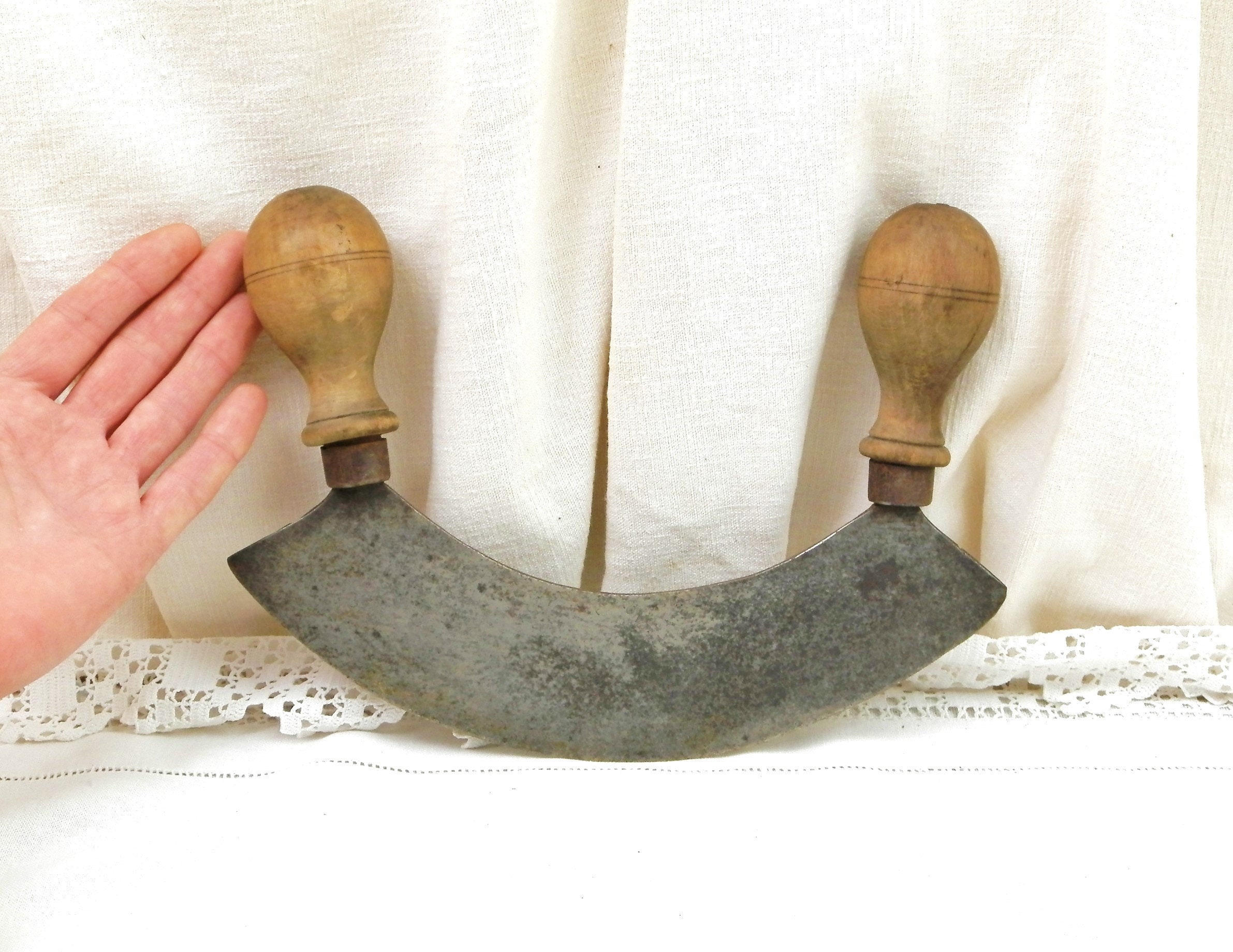 Large Antique French Mezzaluna Metal and Wooden 2 Handled Herb Chopper ...