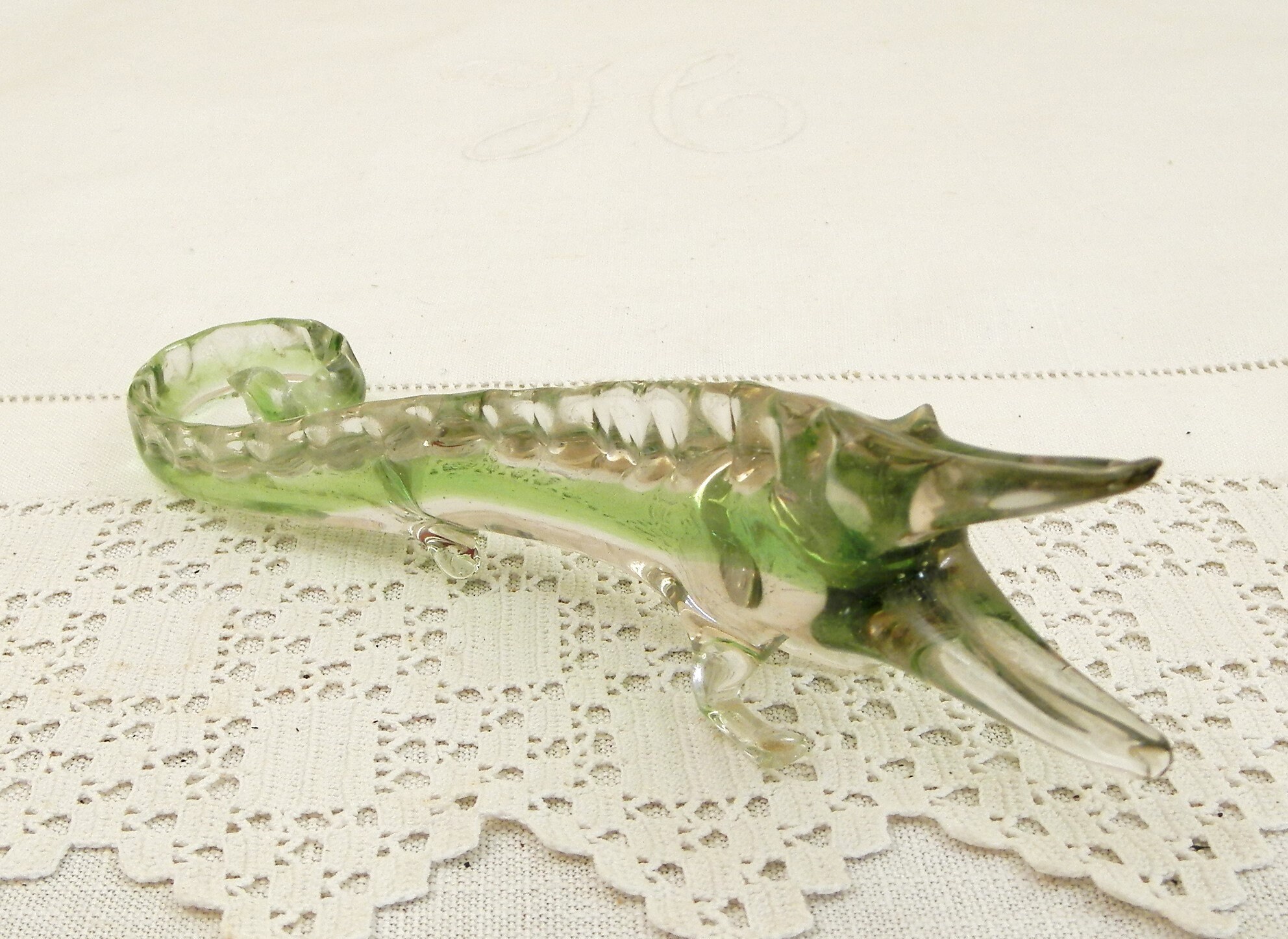 Vintage Hand Made Murano Style Alligator, Retro Clear and Green Glass ...