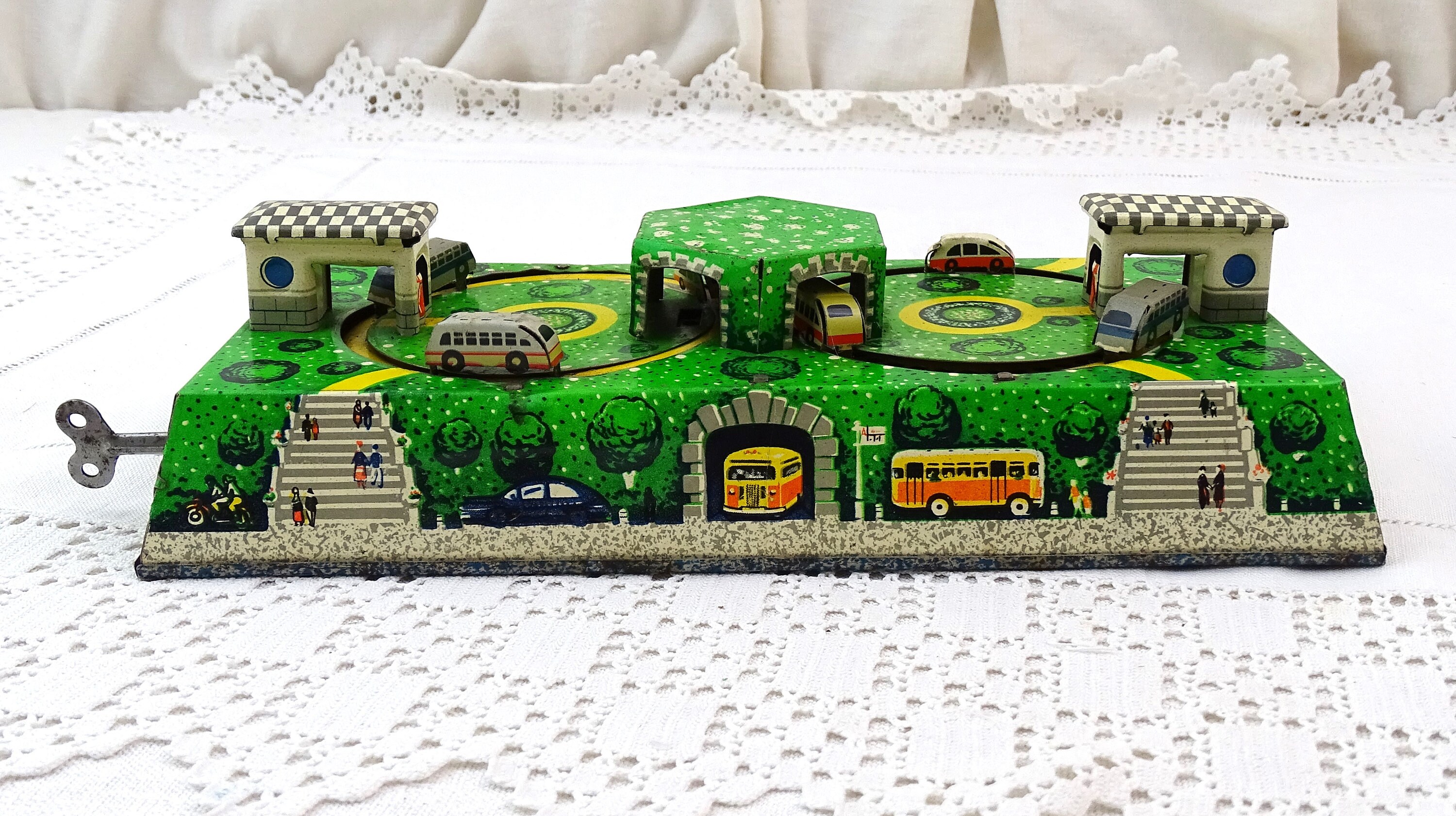 Vintage Working Wind Up Mechanical Tin Toy Bus Station, Retro Autobus ...