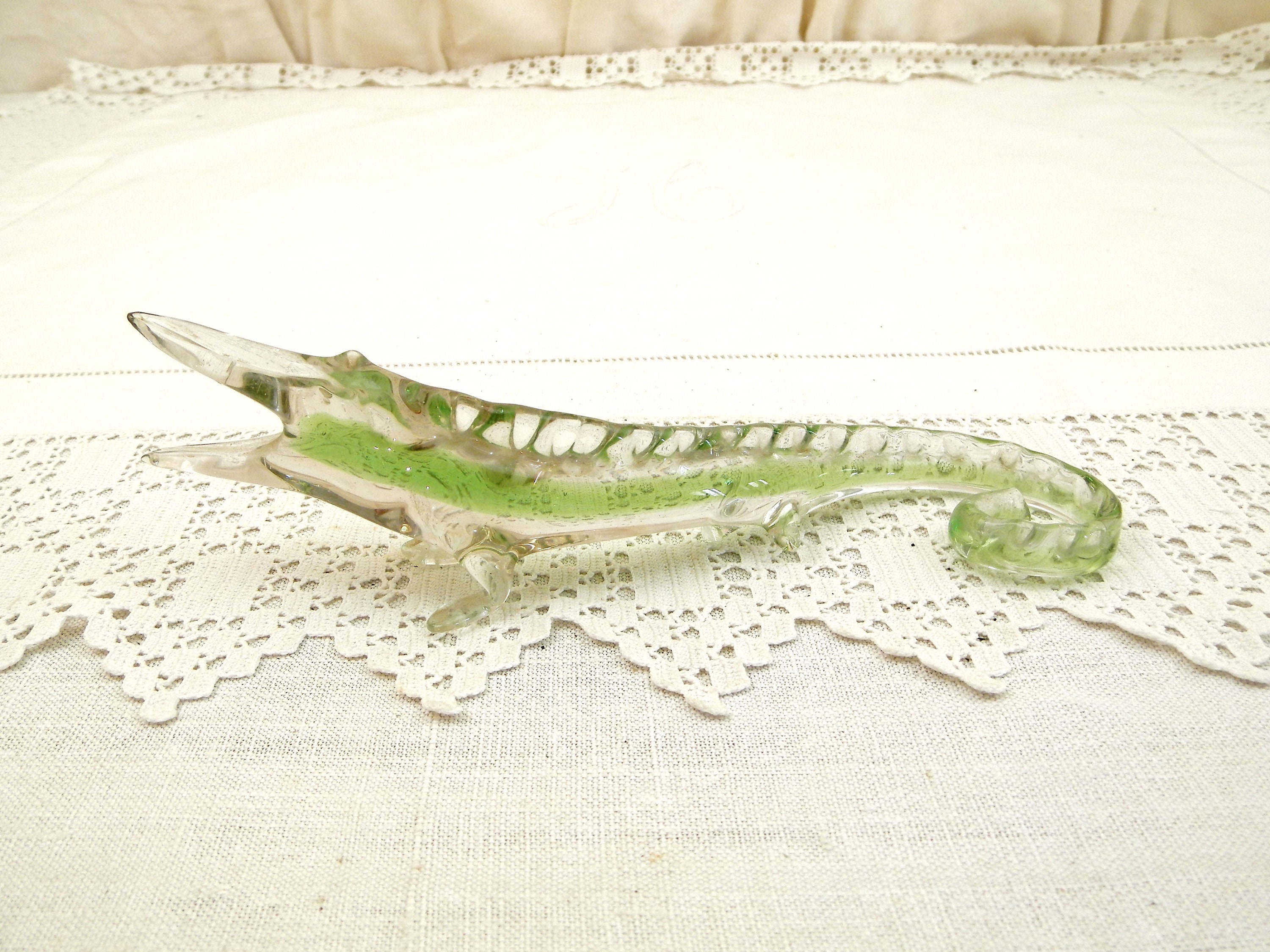 Vintage Hand Made Murano Style Alligator, Retro Clear and Green Glass ...