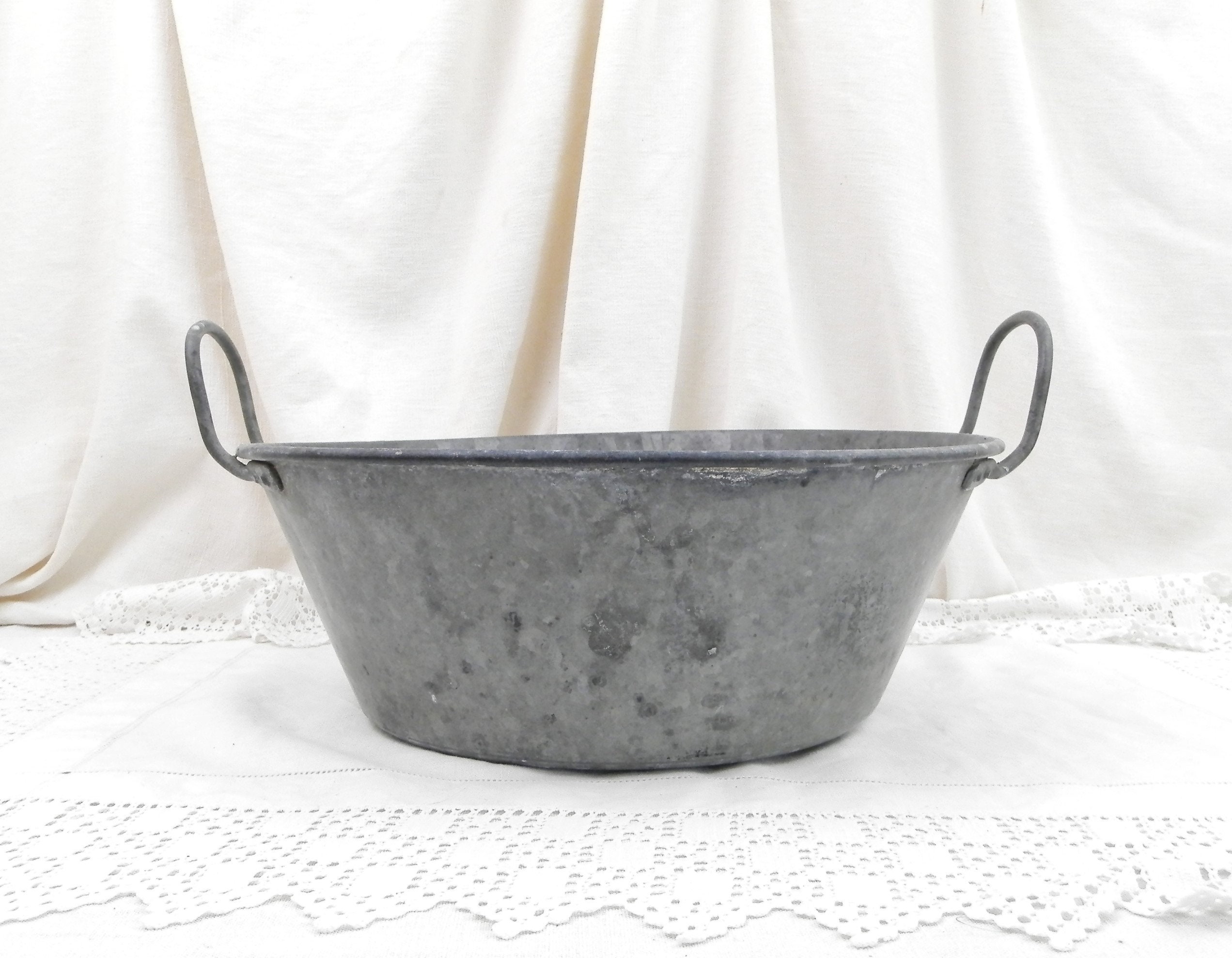 Antique French Zinc Metal Washing Basin 2 Side Handles in Gray, Old ...