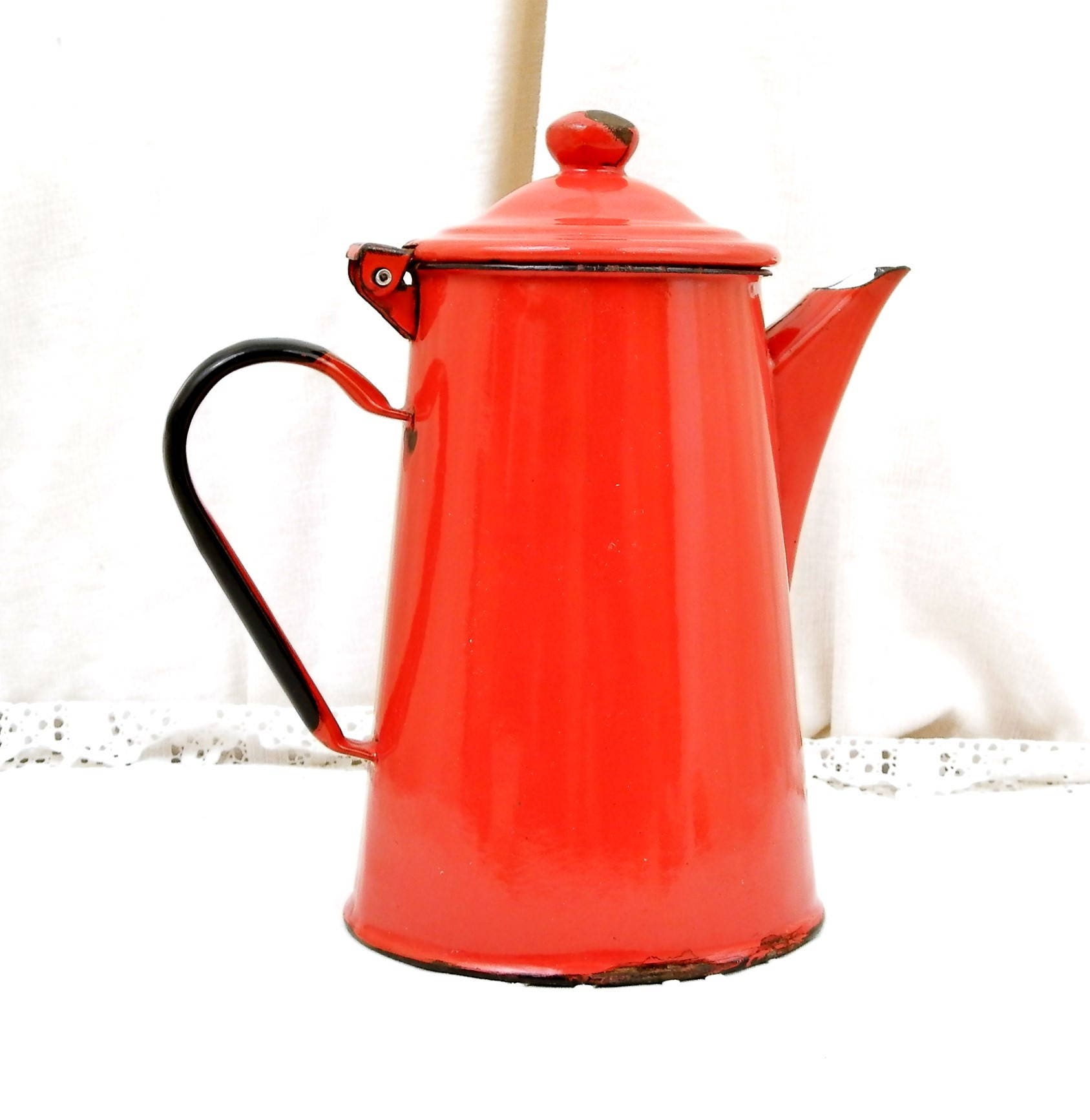 Large Vintage Red Enamel Coffee Pot with Short Spout and Black Handle ...