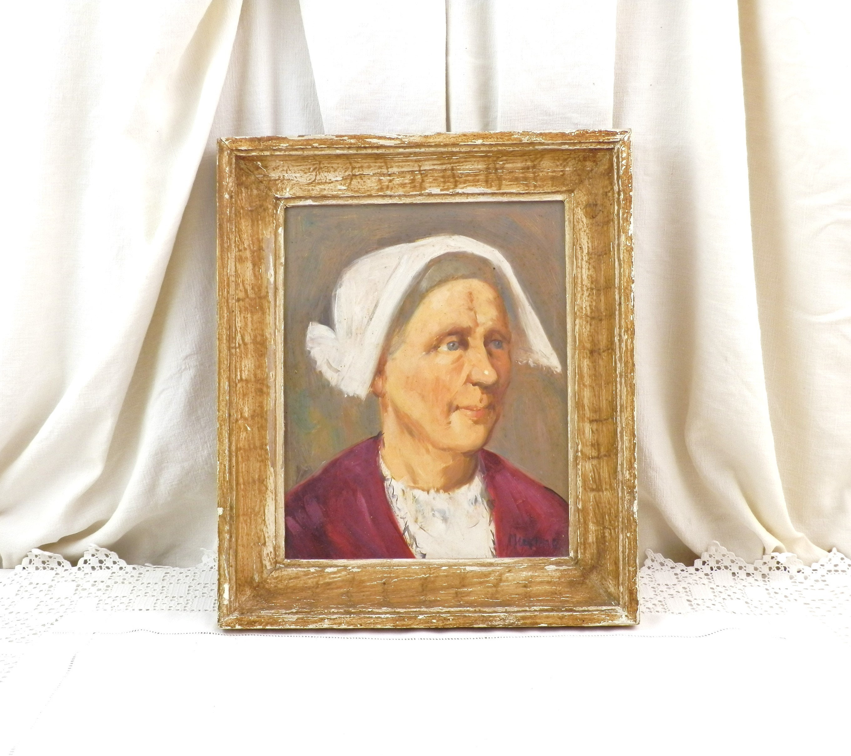 Vintage French Oil Paint Portrait of Old Woman from Normandy with ...