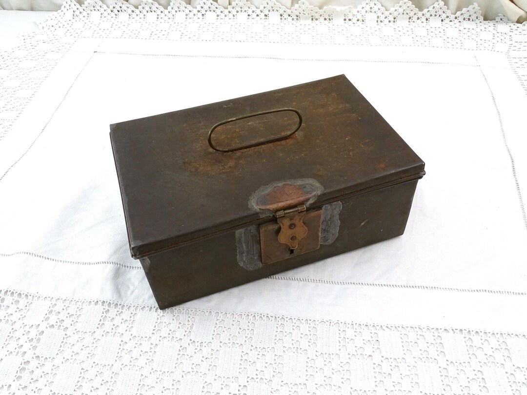 Antique French Distressed Gray Metal Box With Top Handle Brass Lock ...