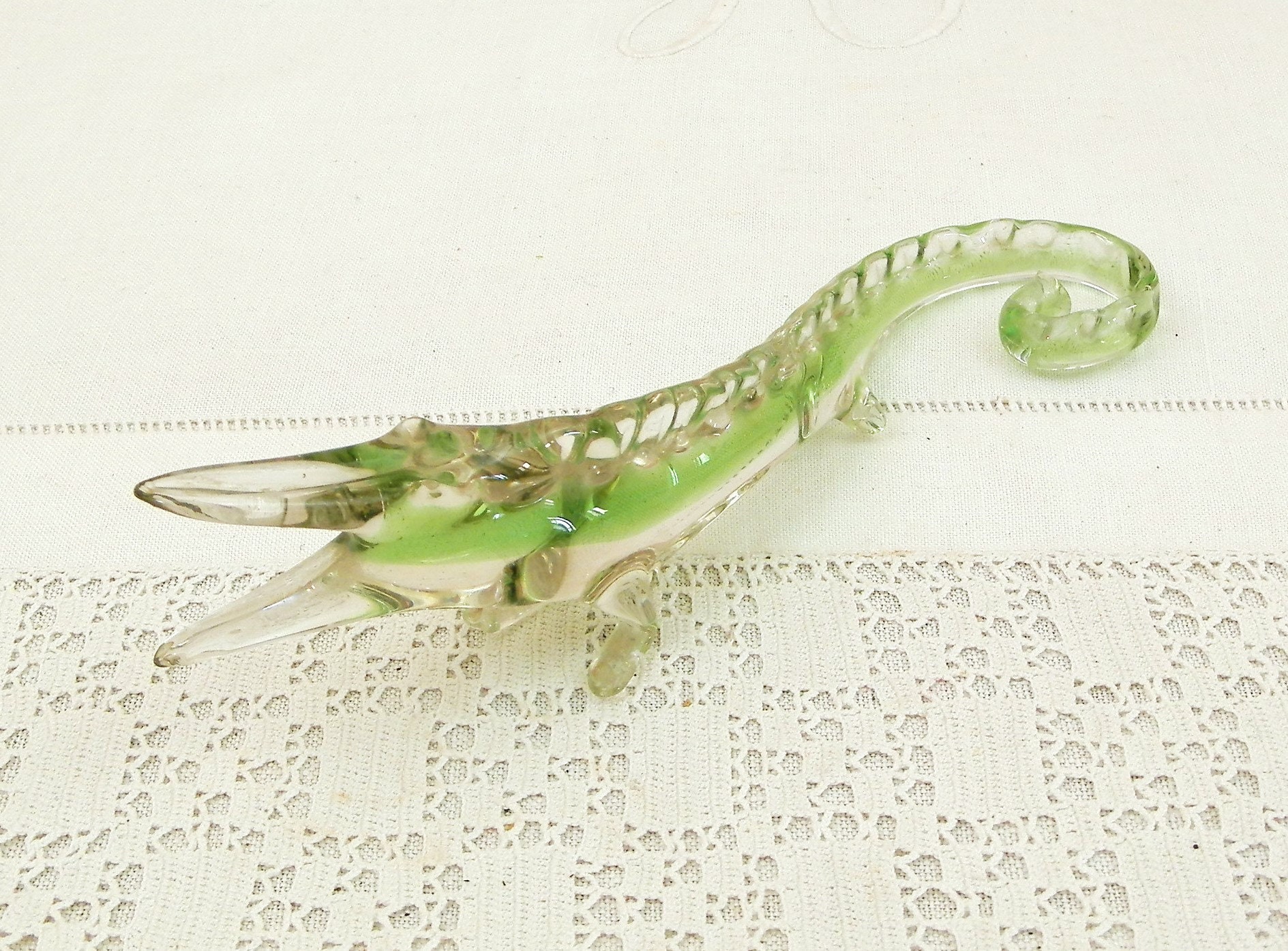 Vintage Hand Made Murano Style Alligator, Retro Clear and Green Glass ...