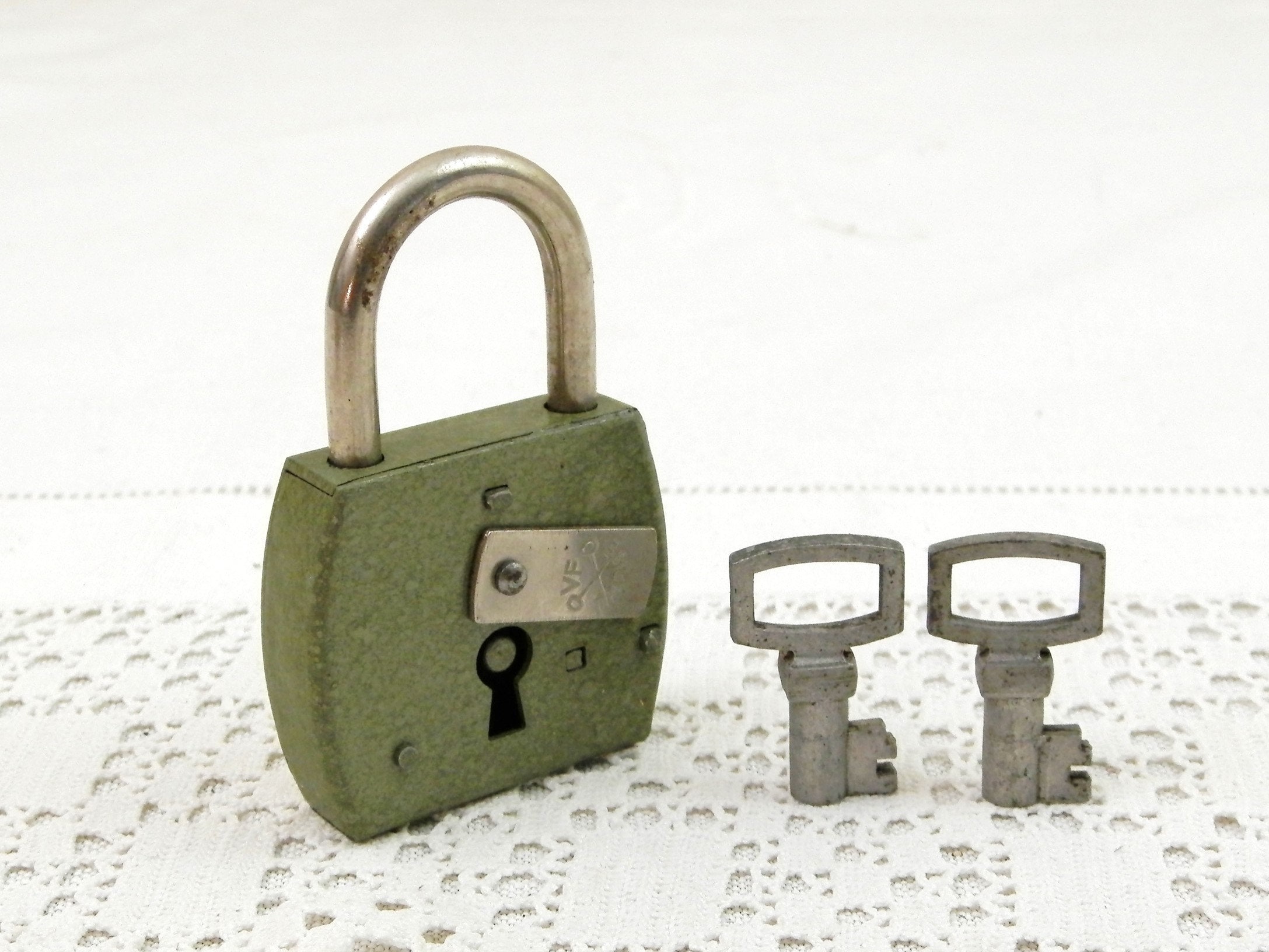 Vintage French Unused New Old Stock Industrial Green Metal Padlock with ...