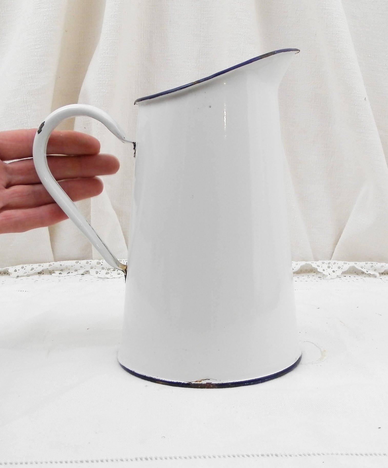 Small Antique French White Enamelware Pitcher,Chippy Enamel Jug / Vase ...