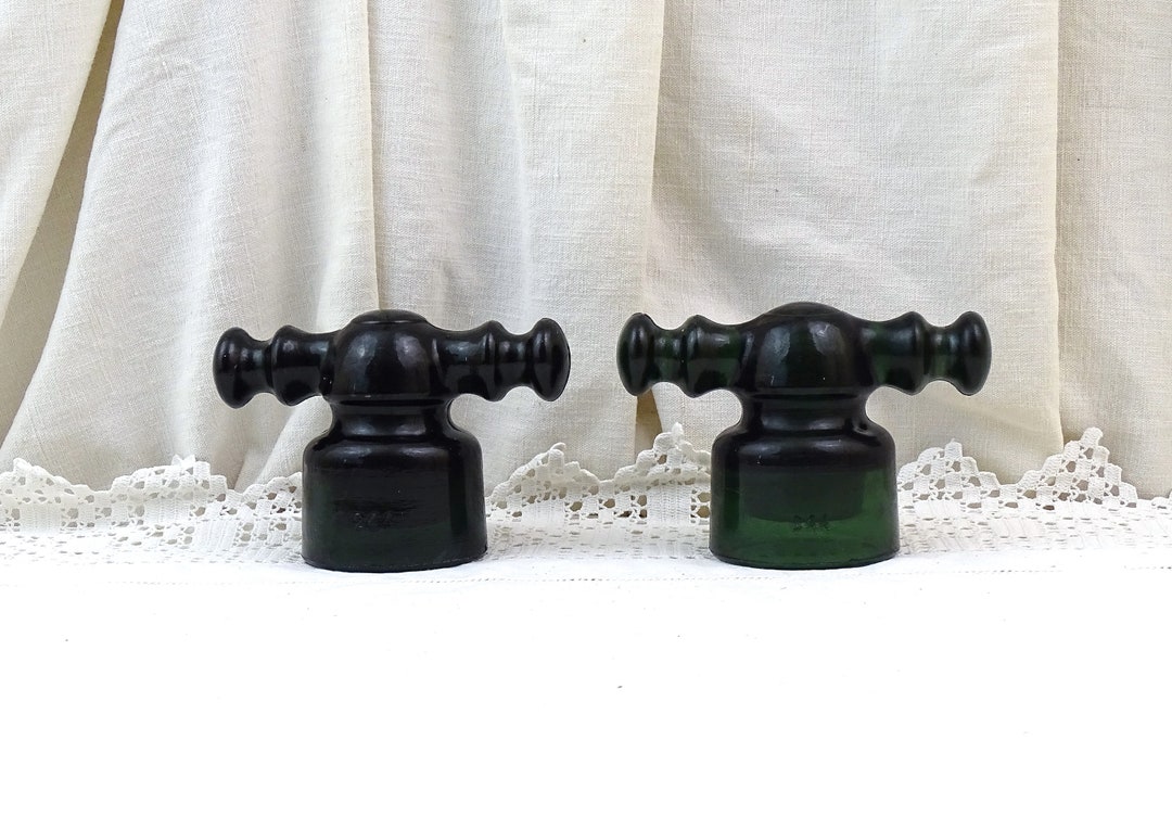 1 Vintage French Dark Green Glass Electricity Pylon T Shaped Insulator ...