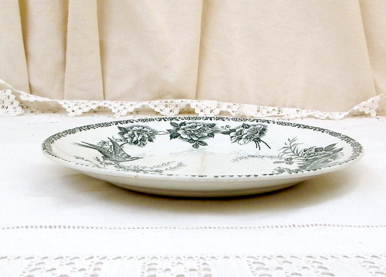 Antique French Ironware Plate With Bird / Bluetit and Rose Flower ...