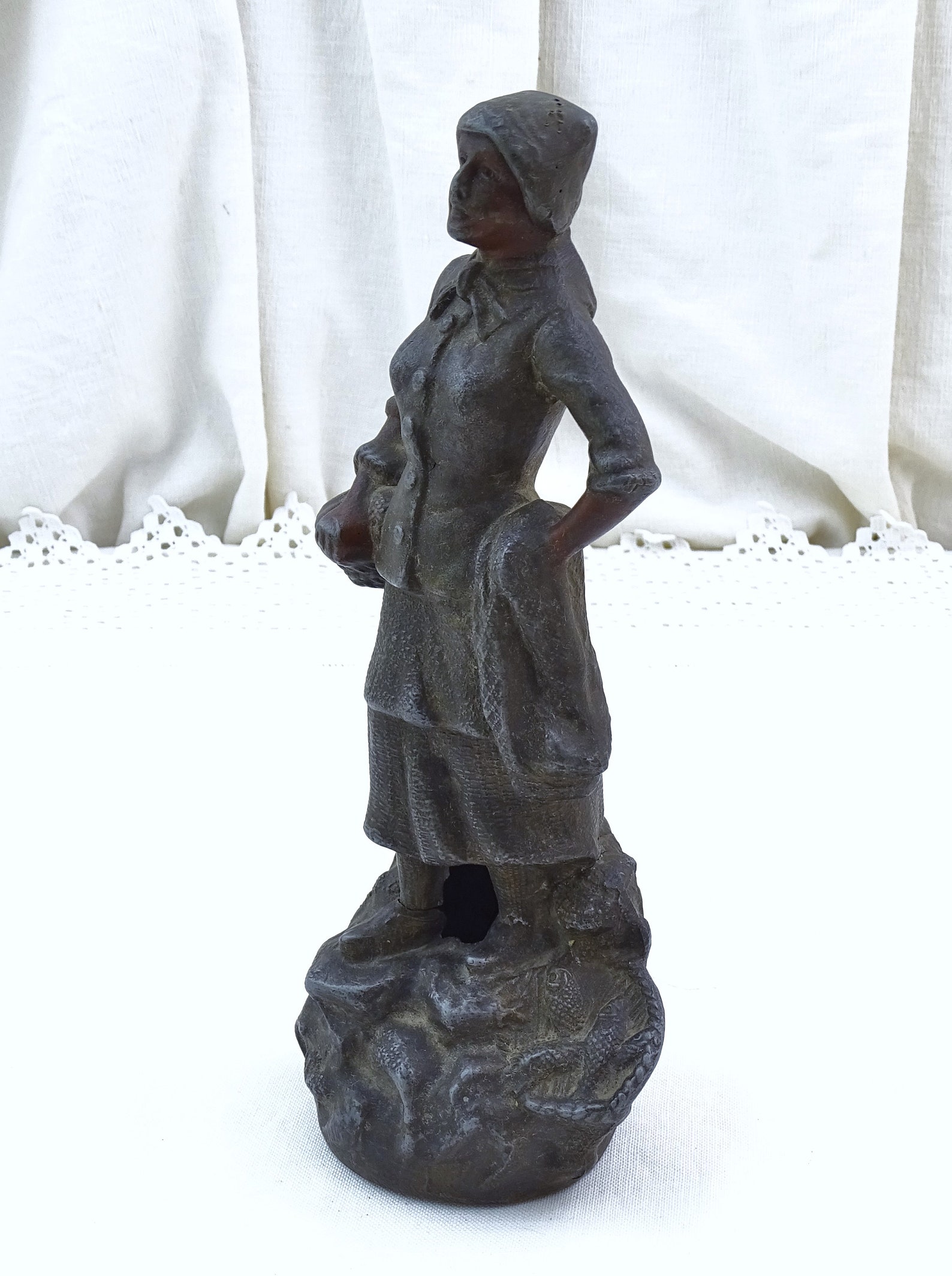 Antique French Metal Sculpture of Fisherwoman, Vintage Statue Figurine ...