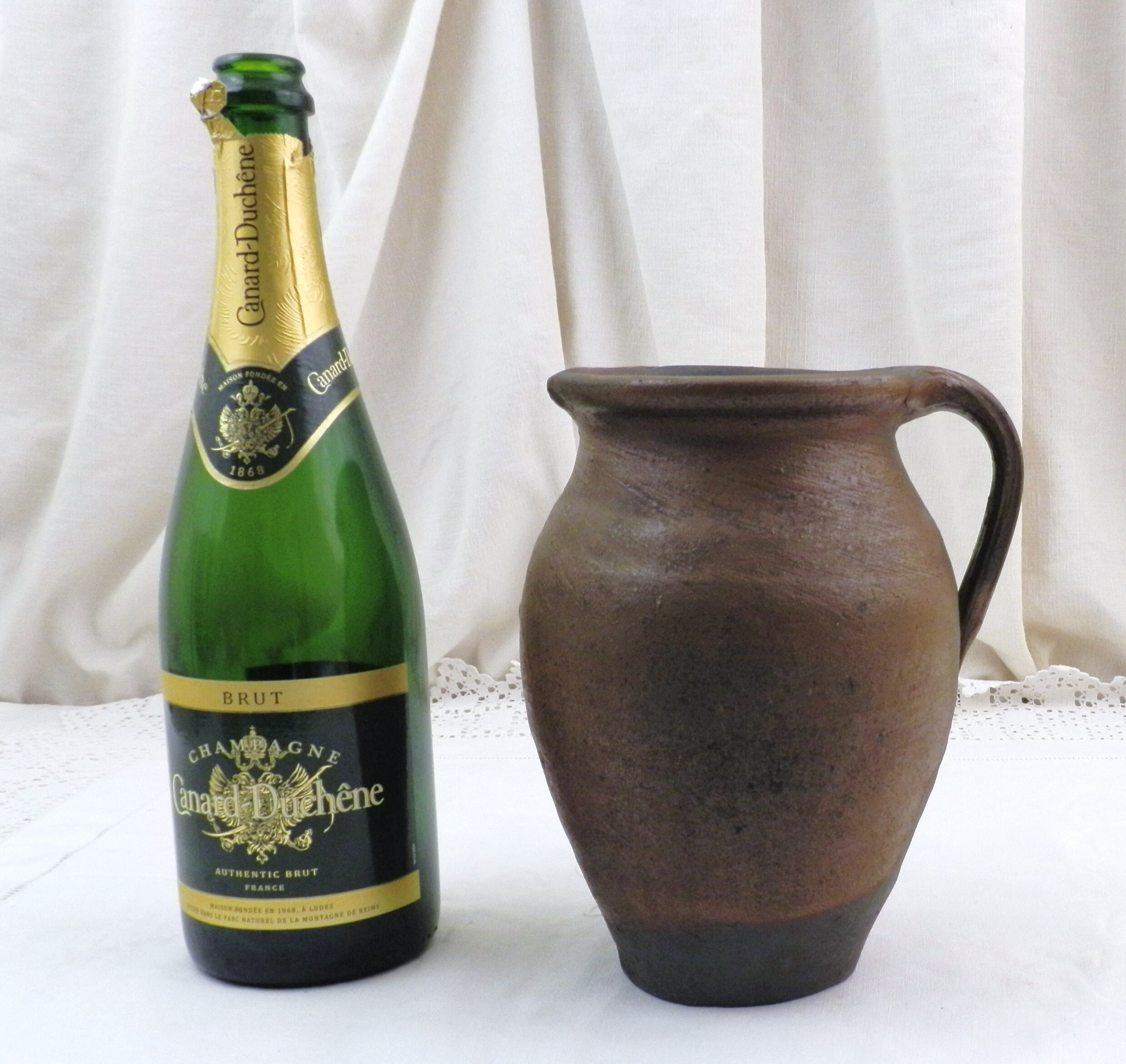 French Antique Dark Earthenware Fired Traditional Cider Pitcher Jug ...