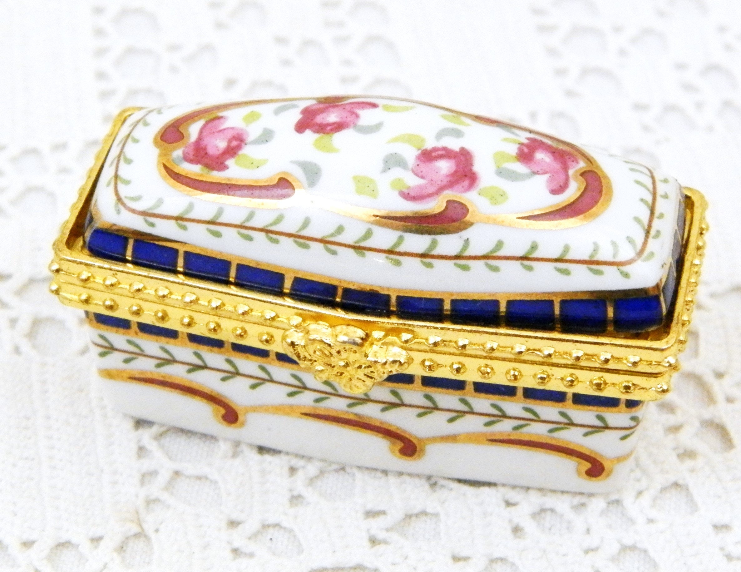 Small Vintage French Hand Painted Porcelain Pill Box with Floral ...