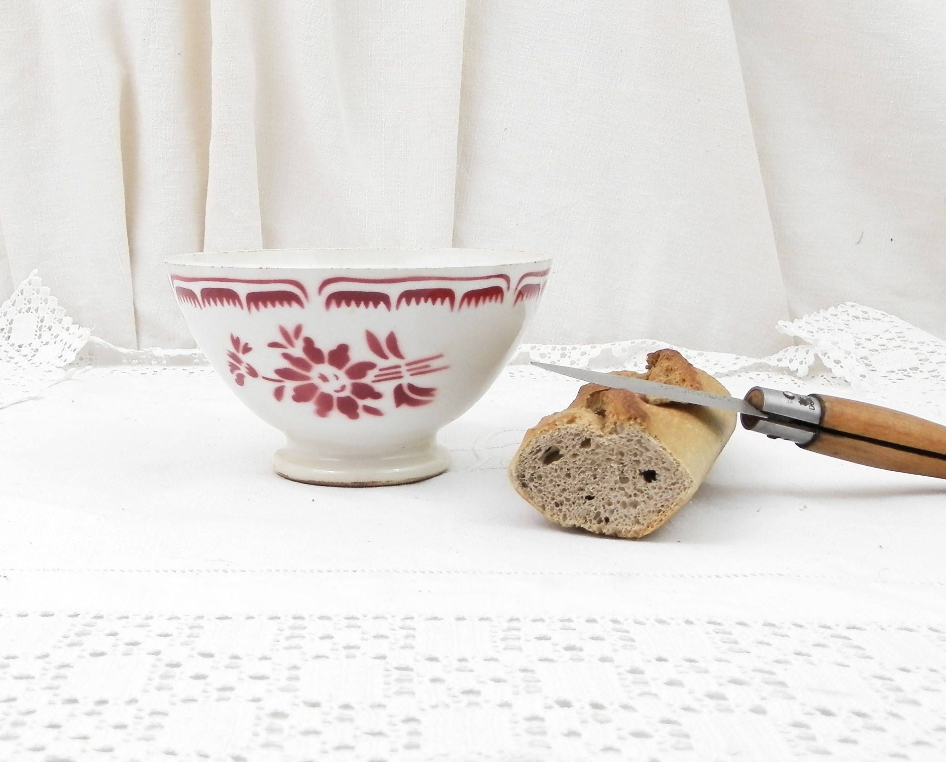 Antique Red and White Farmhouse Coffee Bowl from France, French Country ...