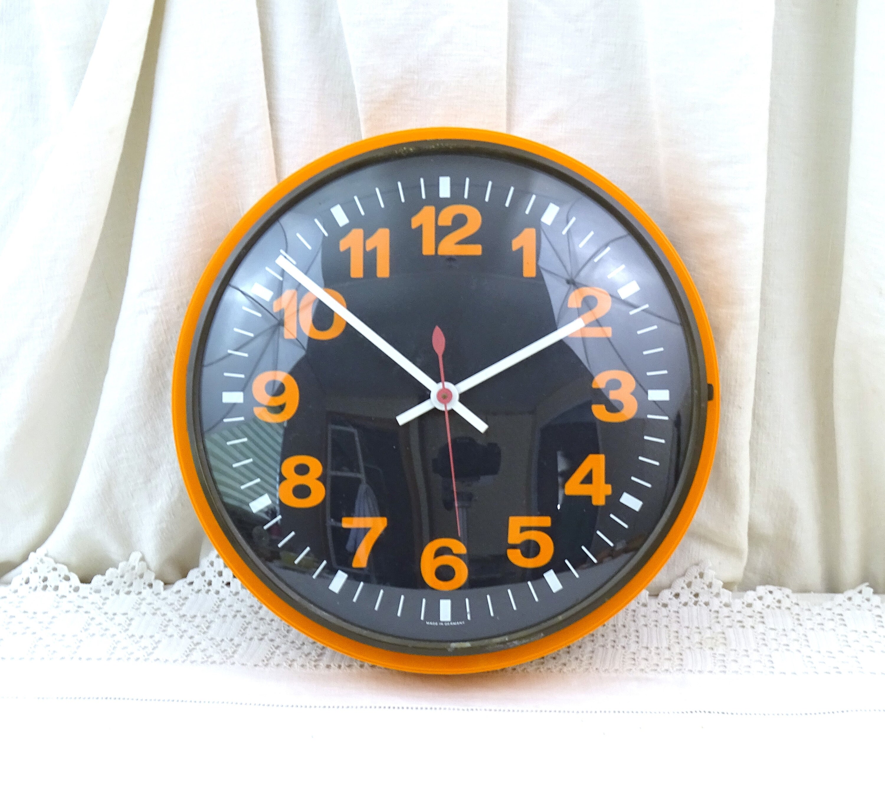 Large Vintage Working 1970s German Orange and Black Wall Mounted Round ...