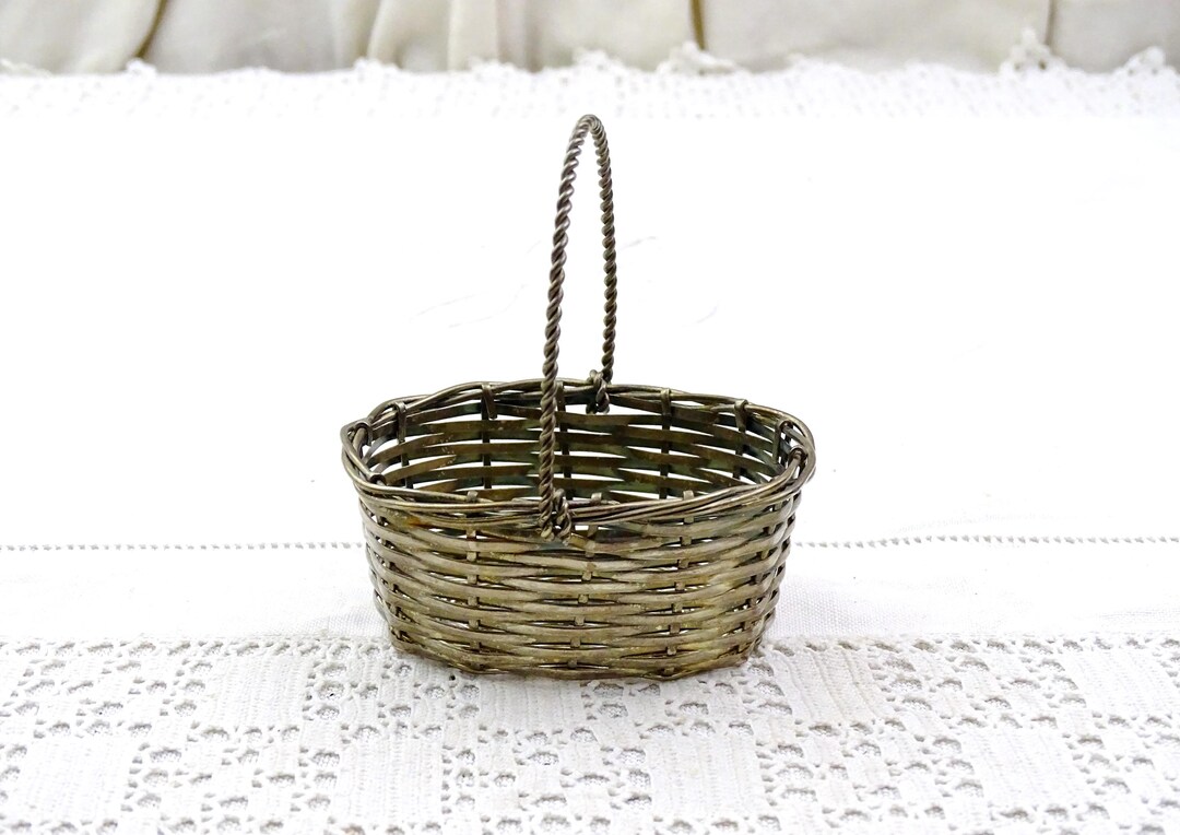 Small Vintage Silver Plated Woven Metal Wire Basket, Tiny Decorative ...