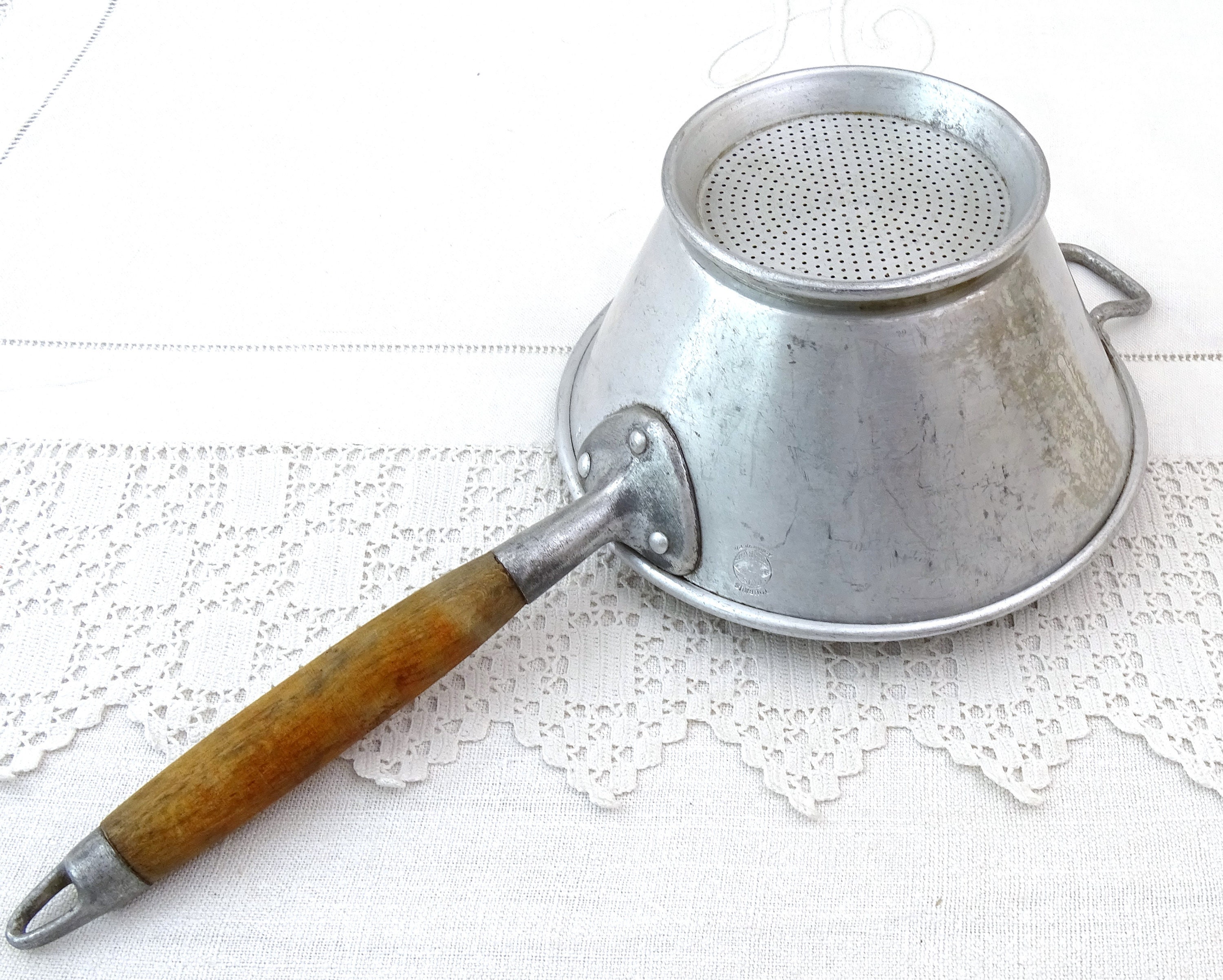 Vintage French White Metal Kitchen Strainer / Colander with Wooden ...