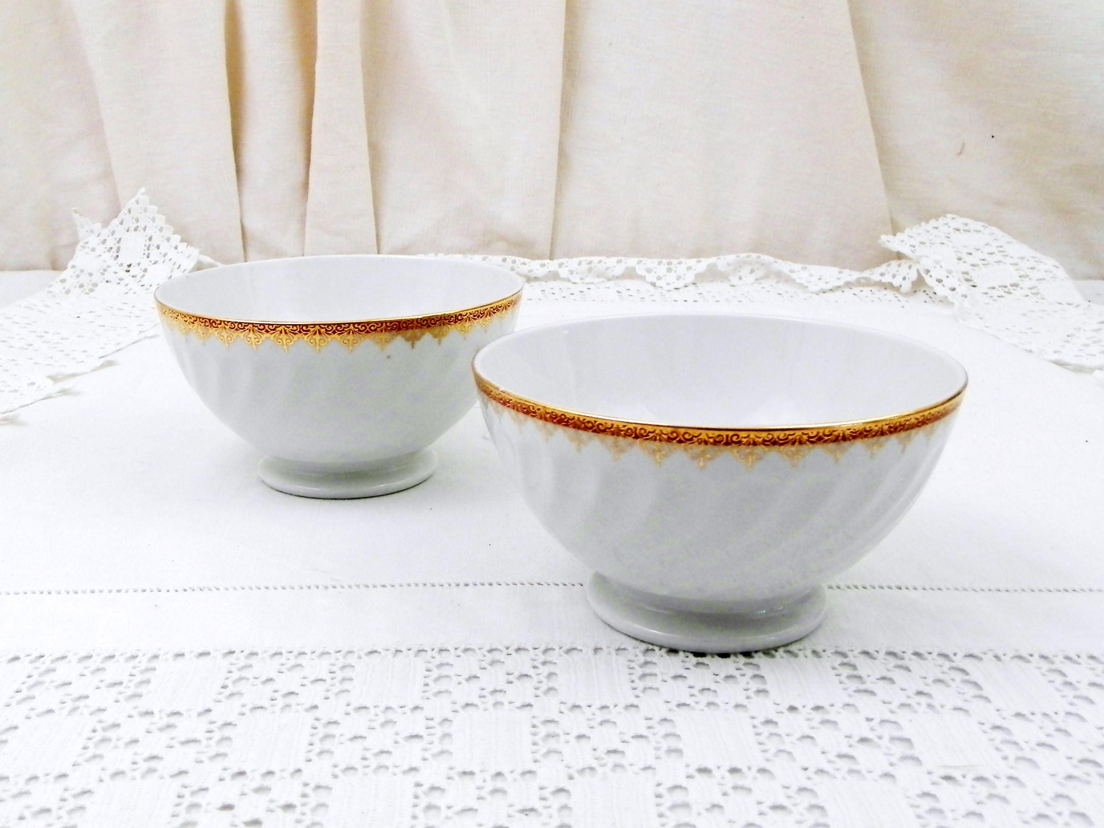 2 Vintage White Porcelain Coffee Bowls with Scalloped Sides Gold Gilt ...