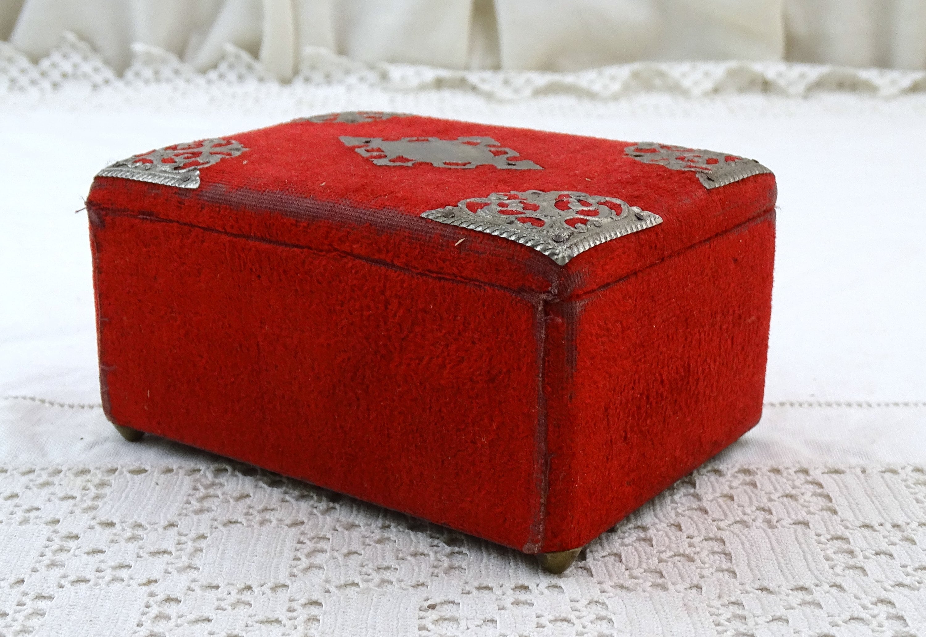 Antique French Worn Red Velvet Jewelry Box with Metal Decoration on the ...