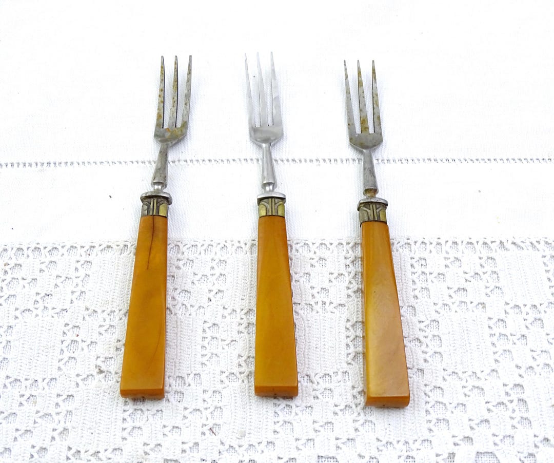 3 Antique French Dessert Forks With Dark Butterscotch Bakelite Handles ...