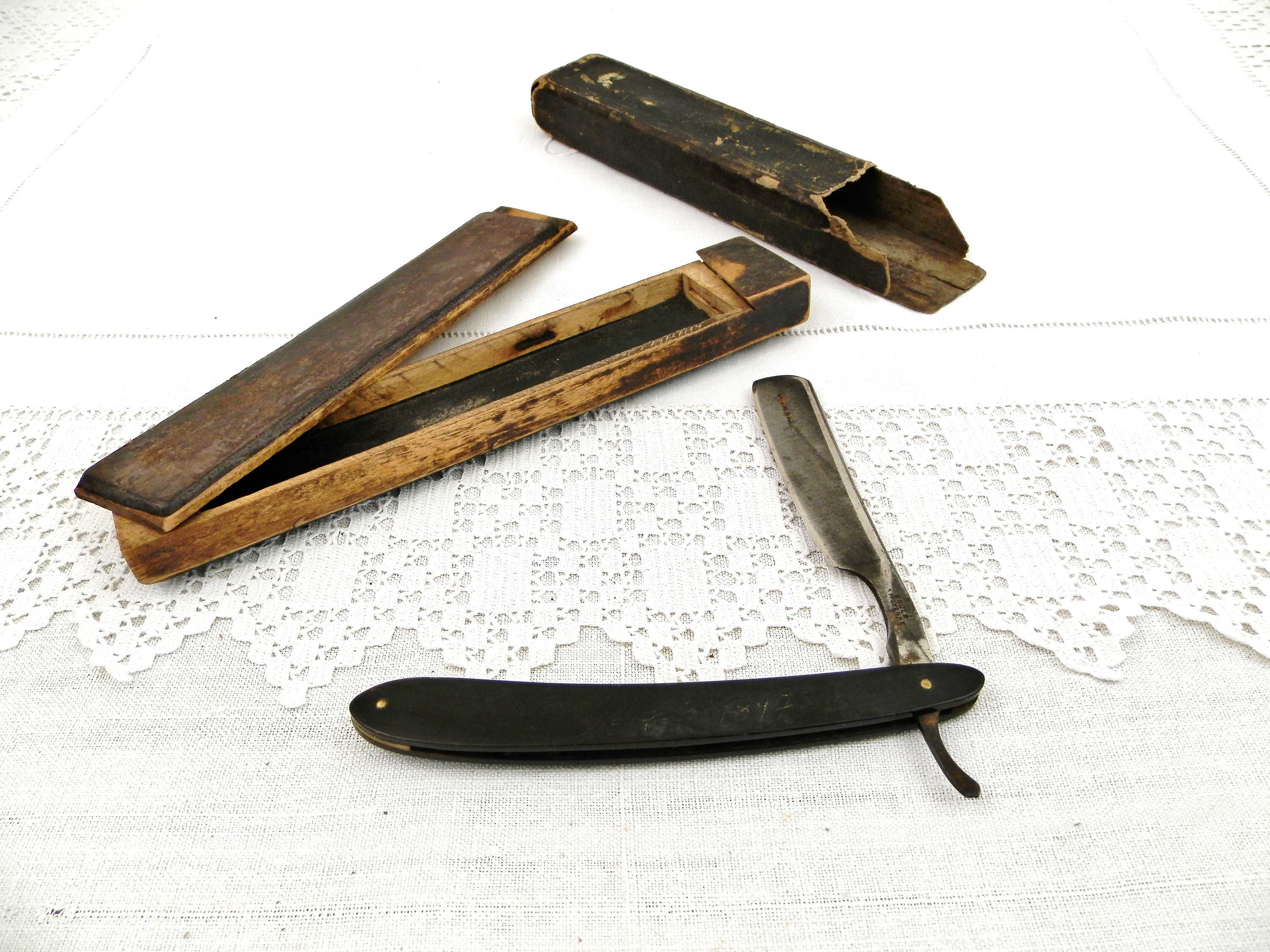 Antique French 19th Century Wooden Boxed Cut Throat Straight Razor on ...