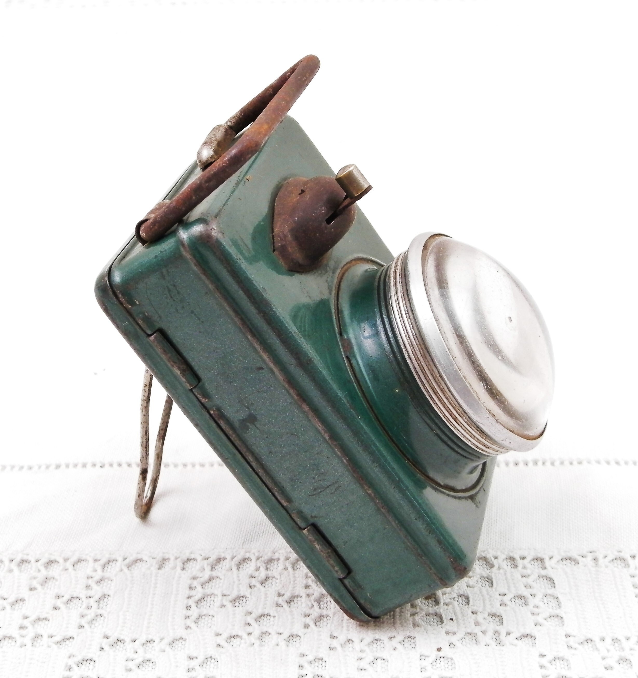 Working Vintage 1950s Green Metal Flashlight with Domed Glass Lens ...