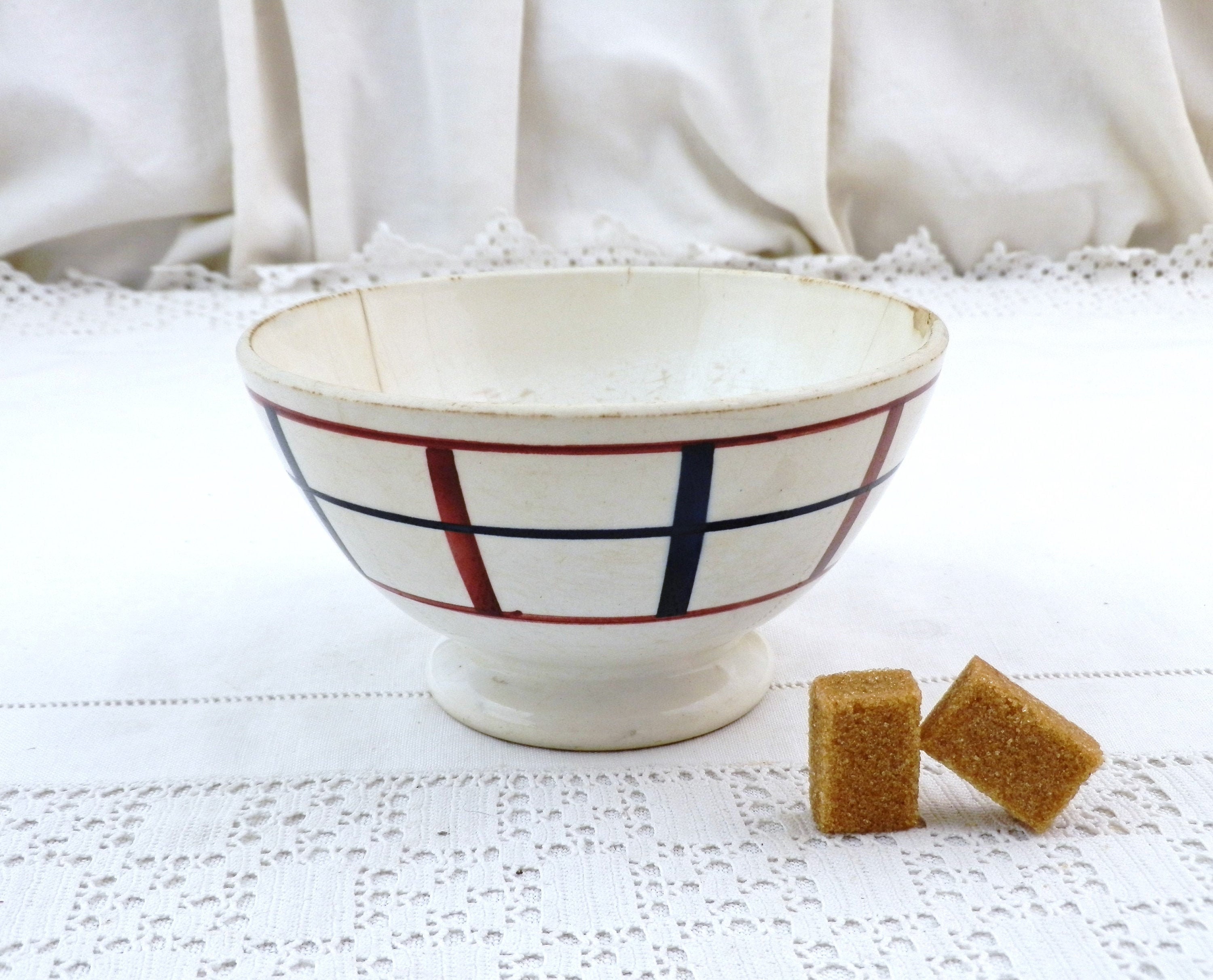 French Antique Chippy Ceramic Cafe au Lait Bowl with Checkered Pattern ...